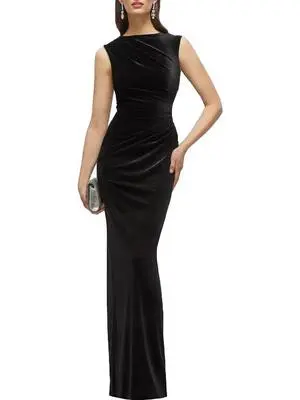 After Six Ruched Velvet Column Gown - Black