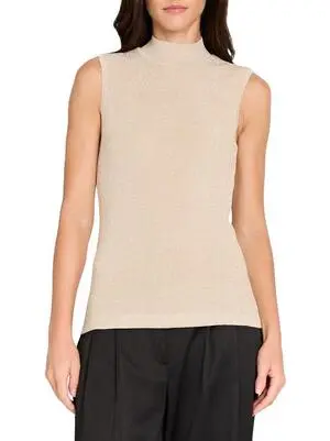 TAHARI ASL Metallic Sparkle Sleeveless Mock Neck Sweater - Champagne