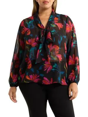 TAHARI ASL Floral Bow Neck Chiffon Top - Black Pink Floral