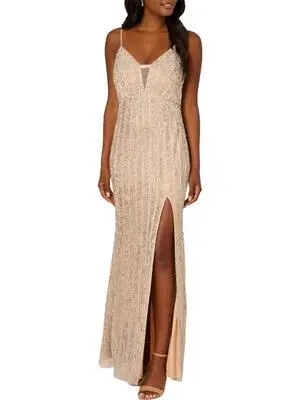Adrianna Papell Beaded Column Gown - Silver/beige