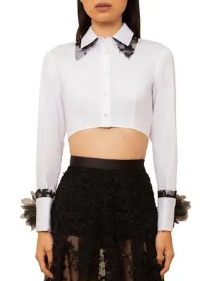CONTESSA MILLS Cropped Poplin Shirt With Lace Trim - White