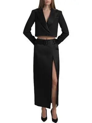 CONTESSA MILLS Mid-rise Sateen Skirt With Belt And Slit - Black