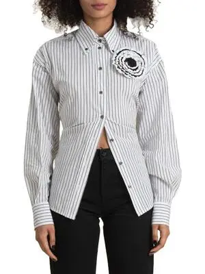 CONTESSA MILLS Striped Oxford Shirt With Satin Ribbon - White And Black