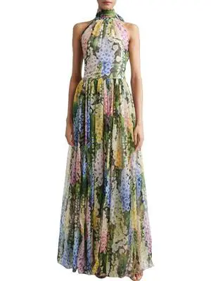 Oscar De La Renta Foxglove Gathered Silk Chiffon Gown - Black Multi