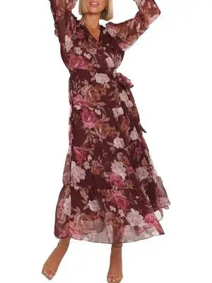 PETAL & PUP Floral Long Sleeve Wrap Dress - Burgundy Brandy Bloom