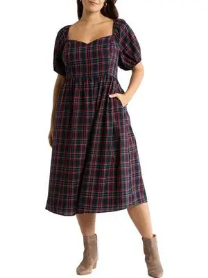 SUGARLIPS Arvada Plaid Puff Sleeve Dress - Navy-multi