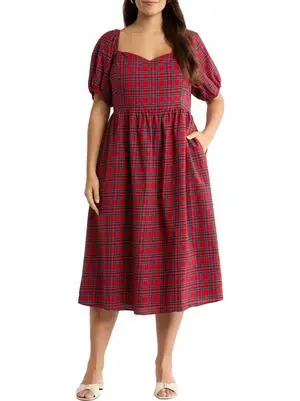 SUGARLIPS Arvada Plaid Puff Sleeve Dress - Red-multi