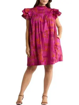 SUGARLIPS Printed Ruffle-sleeve Shift Dress - Magenta