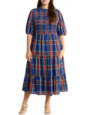 SUGARLIPS Lakeview Plaid Smocked Tiered Maxi Dress - Navy-plaid