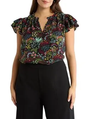 SUGARLIPS Yorbie Bellissima Floral Flutter Sleeve Top - Black-multi