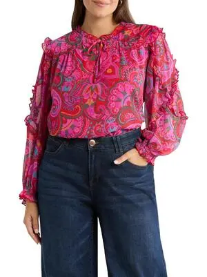 SUGARLIPS Paisley Print Top With Ruffle And Balloon Sleeves - Fuchsia-mult