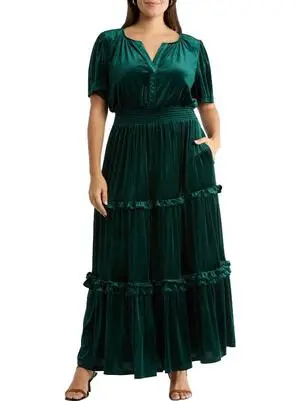 SUGARLIPS Velvet Tiered Maxi Dress - Emerald