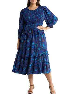 SUGARLIPS Bluford Smocked Long Sleeve Midi Dress - Navy-blue