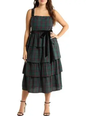 SUGARLIPS Plaid Velvet Tiered Midi Dress - Green-multi