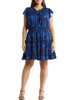 SUGARLIPS Printed Ruffle Mini Dress - Navy-blue
