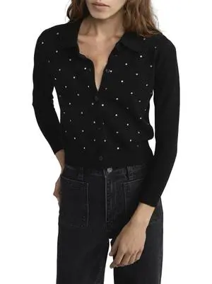 FRAME Rhinestone Collared Wool & Cashmere Cardigan - Black