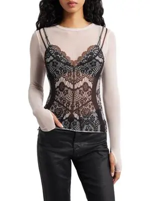 AFRM Kaylee Printed Long Sleeve Mesh Top - Corset Slip