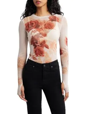 AFRM Kaylee Printed Long Sleeve Mesh Top Sepia Roses