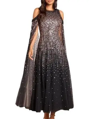 NEEDLE & THREAD Moonlight Sequin Cape Sleeve Ankle Gown - Graphite/metallic
