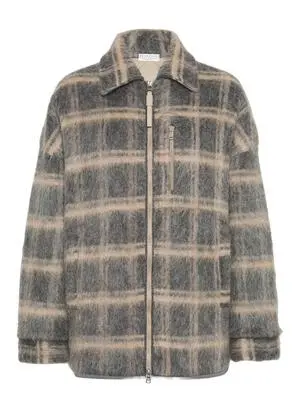 Brunello Cucinelli Jacquard Check Knit Outerwear Shirt Jacket - Grey