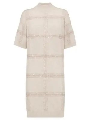 Brunello Cucinelli Embroidered Virgin Wool, Cashmere And Silk Dress Beige