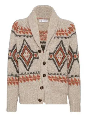 Brunello Cucinelli Geometric Jacquard Alpaca Cardigan Buff