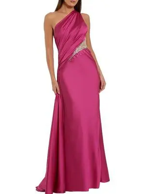 Mac Duggal One-shoulder Gown With Beaded Cutout - Magenta