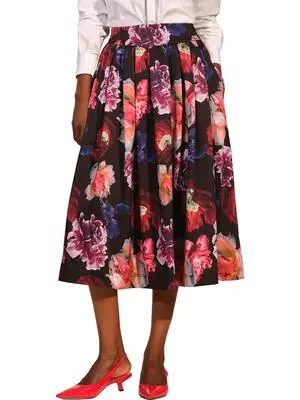 ISAAC MIZRAHI NEW YORK Pleated Satin Midi Skirt - Fleur Nocturne