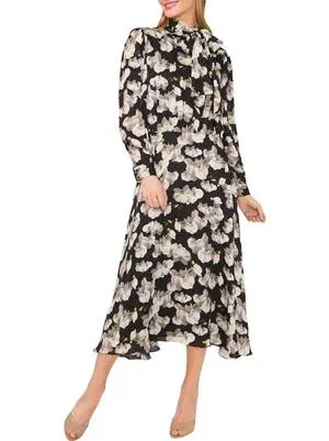 Ted Baker London Floral Tie Neck Long Sleeve Dress - Rich Black