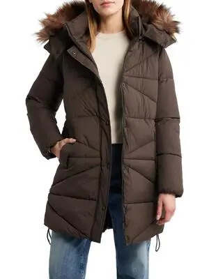 Sam Edelman Faux Fur Trim Hooded Quilted Jacket - Cafe Noir