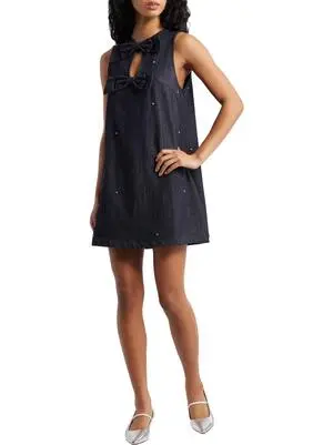 SISTER JANE Embellished Bow Keyhole Shift Mini Dress - Denim