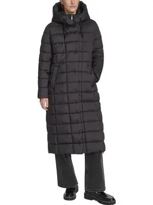 KENNETH COLE Water Resistant Stadium Length Quilted Puffer Coat - Black