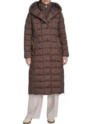 KENNETH COLE Water Resistant Stadium Length Quilted Puffer Coat - Mocha