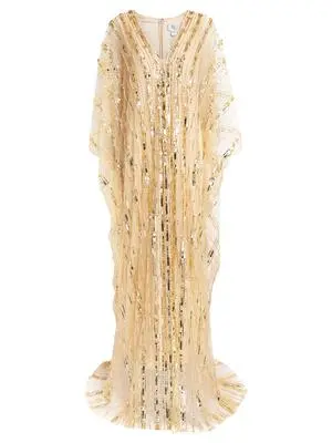 Pamella Roland Tulle Embellished Kaftan Maxi Dress - Gold