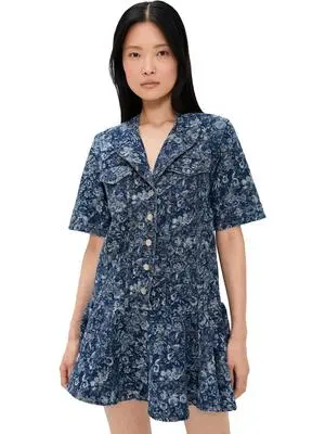 GANNI Tapestry Denim Mini Dress - Mid Blue Stone