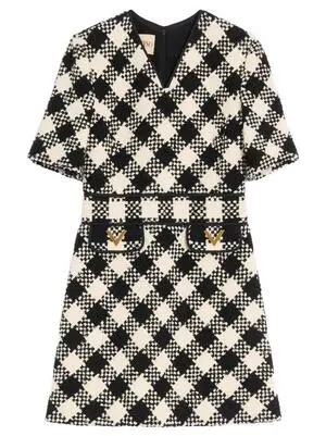 Valentino Garavani Damier Tweed Dress With V Gold - Birch/black