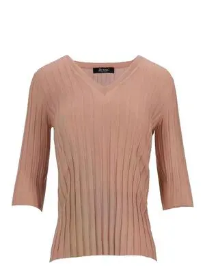 LA ROSE Ribbed V-neck Sweater - Pink