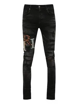 Amiri Leather Staggered Logo Jeans - Faded Black