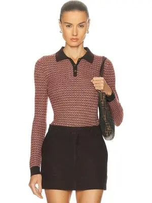 Guest In Residence Chevron Long Sleeve Shrunken Polo Top - Burnt Cocoa Combo
