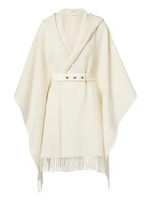 Moncler Belted Fringed Virgin Wool Cape - White