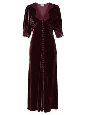 Rixo Simone Lace-trimmed Velvet Midi Dress - Burgundy