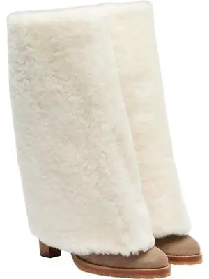 YVES SALOMON Shearling And Suede Knee-high Boots - Beige