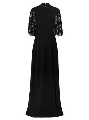 LANVIN Fringed Cape-effect Studded Knitted Turtleneck Gown - Black