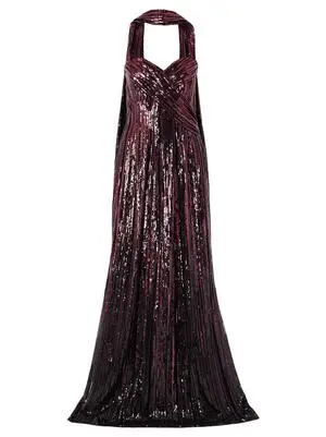 Elie Saab Strapless Sequined Tulle Gown With Scarf Detail - Burgundy
