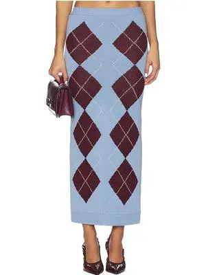 ROWEN ROSE Knit Bodycon Skirt - Blue With Bordeaux Pattern