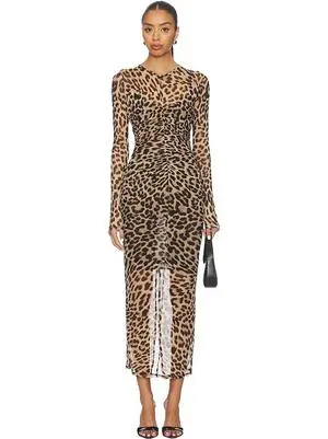 Good American Mesh Ruched Maxi Dress - Lucky Leopard001