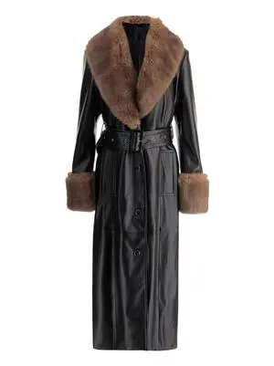 STAND STUDIO Estella Synthetic Leather Long Coat With Fur Details - Black