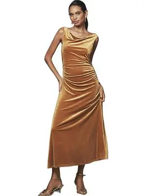 FLAT WHITE Sleeveless Velvet Midi Dress - Gold