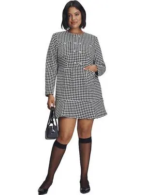 ELOQUII Long-sleeve Rhinestone Button Mini Dress - Black & White Pattern
