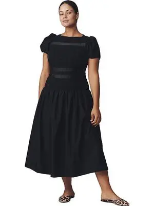 ELOQUII Puff-sleeve Smocked Midi Dress - Black